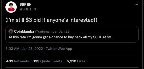 加密推特｜ 社群調侃SOL重回3美元，SBF：三塊我還是收！Su Zhu看多的理由？