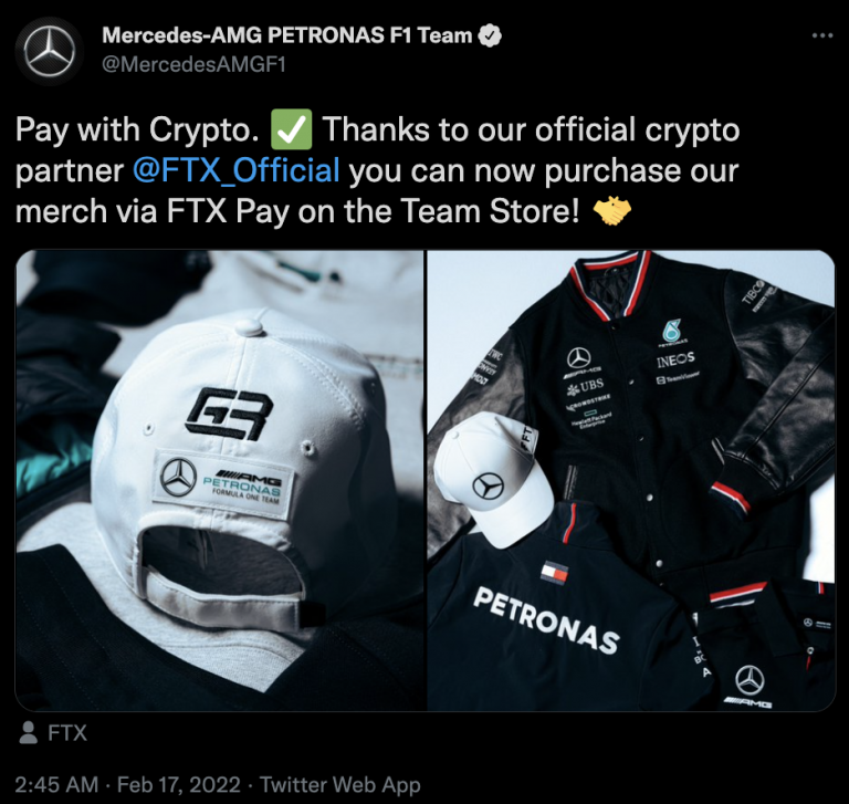 賓士(Mercedes-AMG)F1車隊周邊，接受FTX Pay購買
