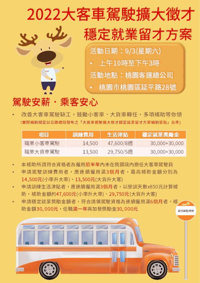 鼓勵投入大客車駕駛行列 新竹區監理所攜桃園客運9/3擴大招募徵才