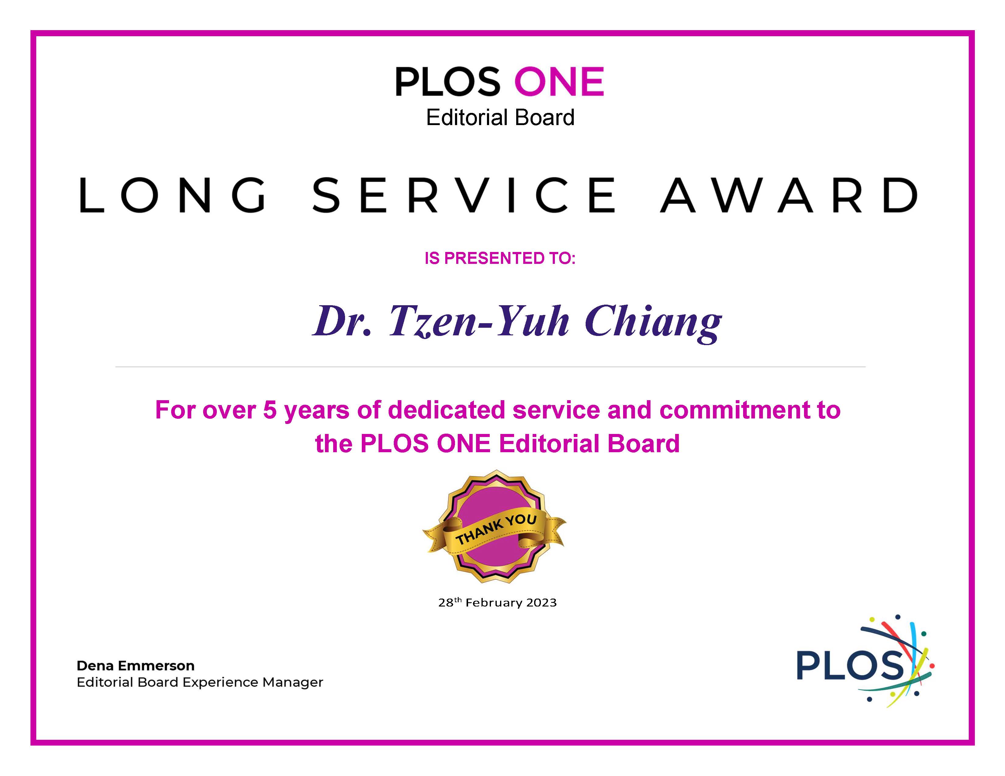 成大特聘教授蔣鎮宇 獲PLOS ONE長期服務獎殊榮