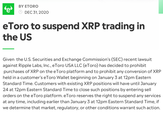 SEC訴訟案餘震！eToro停止為美國客戶買入ALGO、MANA、MATIC和DASH
